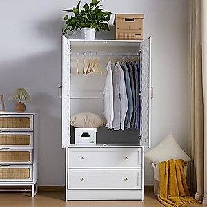 QEIUZON Wardrobe Closet, Freestanding Closet Wardrobe Cabinet with Wide Drawers & Hanging Rod, Armoire for Bedroom, Kids' Room, Dorm (White)