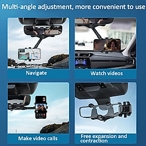 Kairiyard Car Phone Holder Mount, Car Rearview Mirror Phone Holder 360°Rotatable and Retractable Multifunctional Universal Cell Phone Mount Stand for All Mobile Phones