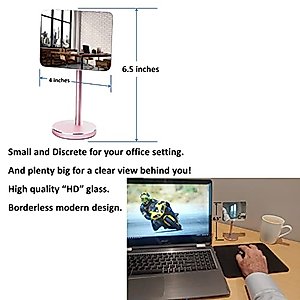 Desk and Cubicle Mirror to see behind you, ROSE-GOLD Stand with detachable Wide Angle real glass Mirror, SMALL & DISCRETE, beautiful design, perfect curvature for an exceptionally clear view