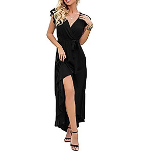 GRECERELLE Women's Summer Casual Cross V Neck Dress Bohemian Flowy Long Maxi Dresses Black-Large