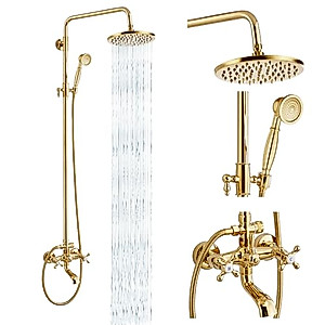 gotonovo Exposed Shower Faucet Set 8 Rain Shower 2 Double Knobs Handle Gold Polish Triple Function Tub Spout Shower Fixture Combo System Unit Set