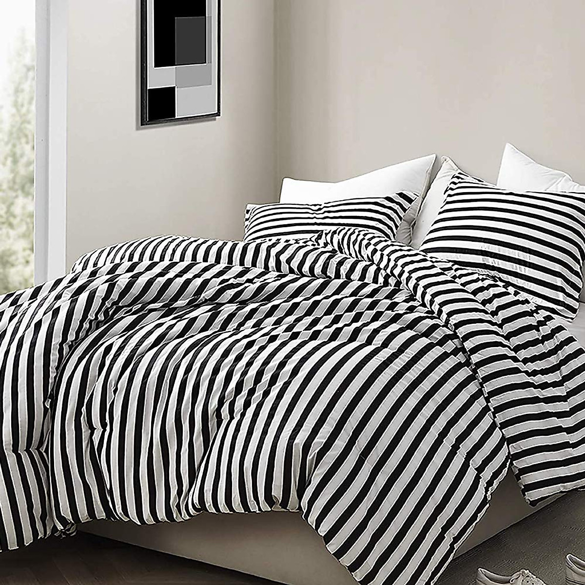 CLOTHKNOW Striped Queen Comforter Set 3Pcs Black White Bedding Comforter Sets Farmhouse Comforter Queen with 2 x Pillowcases