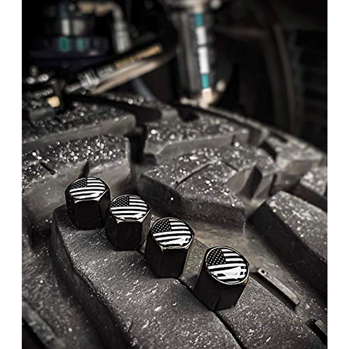 Tactilian American Flag Valve Stem Cap - Black Subdued Aluminum with Rubber Ring Tire Wheel Rim Dust Cover fits Cars, Trucks, Bikes, Motorcycles, Bicycles - (4 Pack) (American Flag)