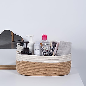 VAGRSS Woven Cotton Rope Storage Basket, Cube Changing Table Organizer for Closet Towels, Baby Nursery Bin, Small Dog Cat Toy Box, Gift Baskets Empty (12"x 8"x 5") White Gray