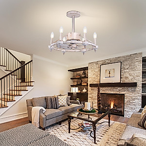 KINGTORO Rustic White Chandelier Ceiling Fans with Lights, 20.5" Wagon Wheel Chandelier,Adjustable Height,3 speeds,Fandelier with Lights and Remote for Kitchen Dining Room Living Room