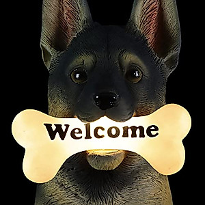 Exhart Garden Sculpture, Solar German Shepherd Dog Statue, LED Welcome Sign Bone, Outdoor Garden Decoration, 11.5 x 14.5 Inch