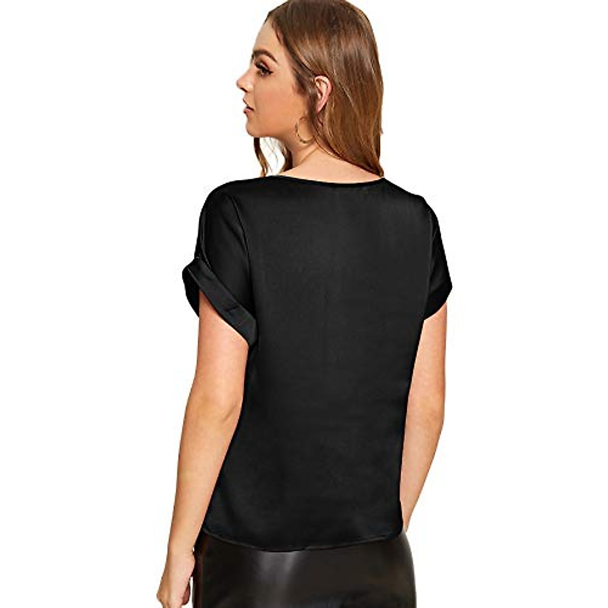 Floerns Women's Elegant Round Neck Rolled Short Sleeve Satin Silk Blouse Tops A Black S