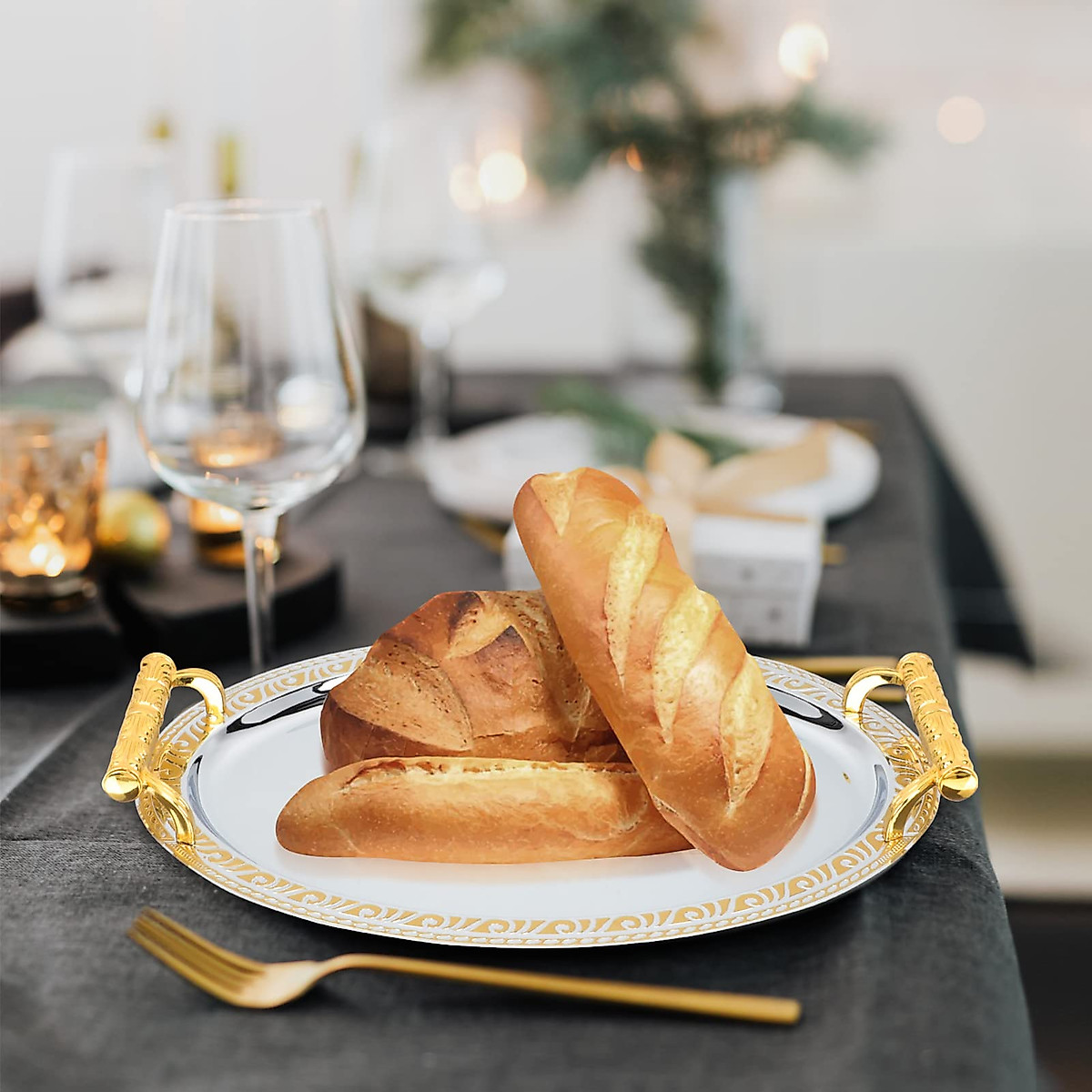 SHERCHPRY Stainless Steel Tea Tray, Tea Serving Platter,Serving Platter with Handles, European Serving Tray for Food Fruit Coffee Tea