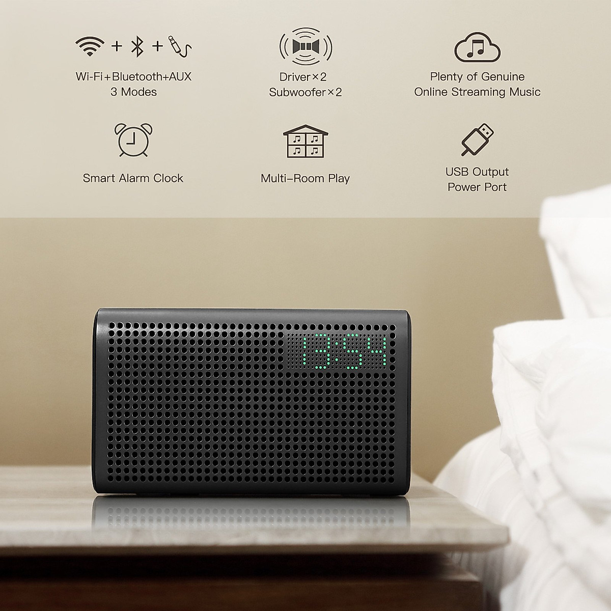 XtremeMac GGMM E3 (Wireless Bluetooth + Wi-Fi Speaker with Clock) Gray ES-201-6, Clear