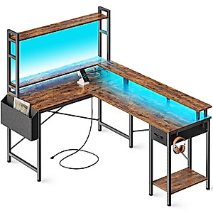 Huuger L Shaped Desk Computer Desk with LED Lights & Power Outlets, Gaming Desk with Storage Shelves, Corner Desk Home Office Desks for Bedroom, Rustic Brown