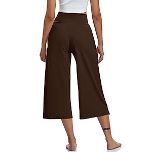 TARSE Womens Casual Wide Leg Yoga Capris Summer Crossover High Waist Capri Pants Loose Soft Pajama Pockets Sweatpants(Brown,M)