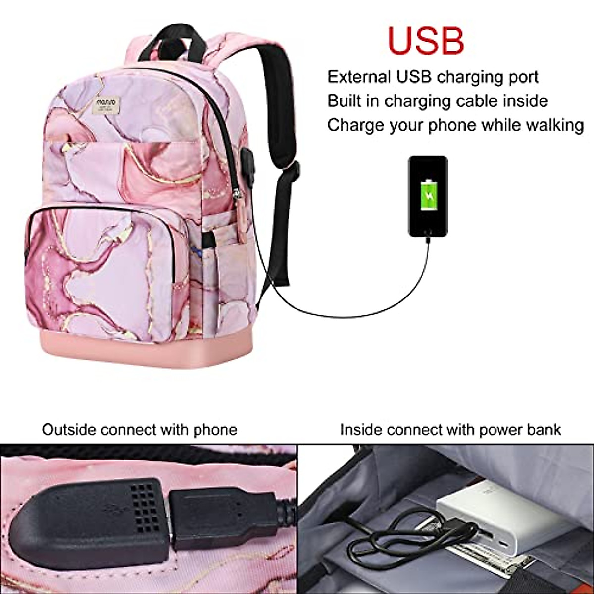 MOSISO 15.6-16 inch 20L Laptop Backpack for Women Girls, Polyester Anti-Theft Casual Daypack Bag with Luggage Strap&USB Charging Port, Travel Business College School Bookbag, Marble MO-MBH216, Pink