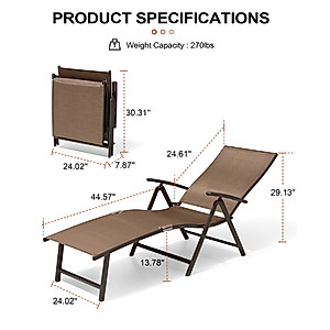 Crestlive Products Chaise Lounge Chair Outdoor Set of 2, Aluminum Folding Patio Recliner Chair, Adjustable 8 Positions Assemble-Free Perfect for Beach, Yard, Pool, Deck (Brown)