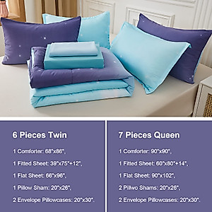 Girls Comforter Set Twin Size 6 Pieces Rainbow Comforter Blue Purple Bedding Set for Kids Ultra Soft Microfiber Comforter and Sheet Sets for All Season