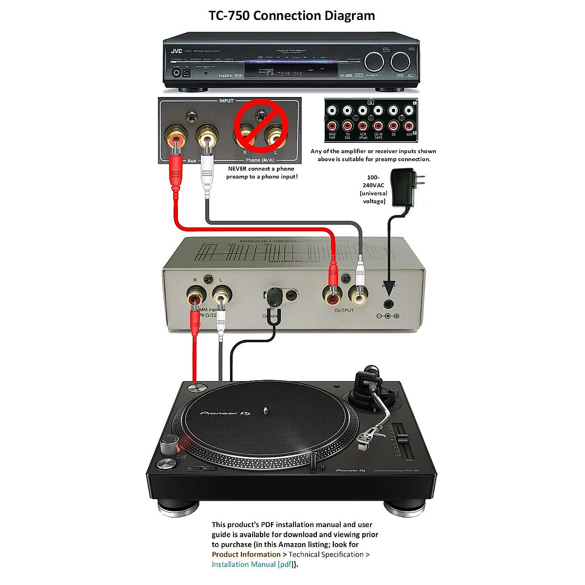 Technolink TC-750 Audiophile RIAA Phono Preamp, 85dB S/N, Black or Silver, Your Choice (Black w/ 1000mA Adaptor Upgrade)