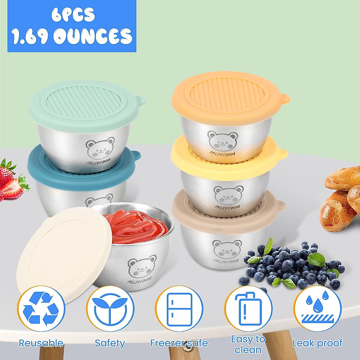 UKQRRTC 6Pcs Salad Dressing Containers 1.69 oz Small Salad Dressing Cups Stainless Steel Condiment Container with Silicone Lids Reusable Sauce Containers for School Kitchen Picnic Traveling (Style 2)