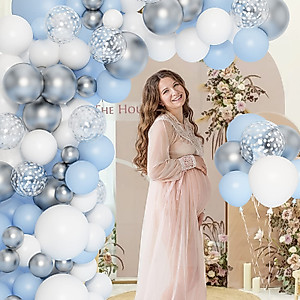 Baby Blue Balloons Arch Kit-Blue Balloon Garland Baby Blue Balloon Arch Kit White Metallic Silver Confetti Balloons for Boys,Baby Shower, Birthday, Anniversary Party Supplies