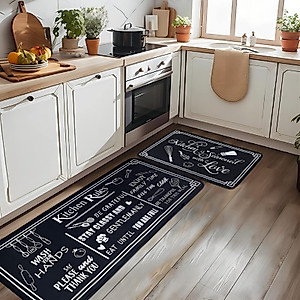 Voanos Black and White Kitchen Rugs,Non Skid Washable Microfiber mats for Kitchen Floor, Kitchen Rules Theme Kitchen Cushioned Runner Rug Decor Sets of 2,Size 17"x 47"+17"x 30"