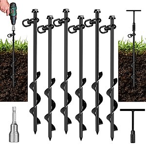 FAURIMMER 6 Pack Ground Anchor Heavy Duty Earth Anchors with T Handle Hex Wrench & Power Nut Driver, Metal Stakes Ground Anchors Screw in for Swing, Trampoline, Tents, Securing Animals