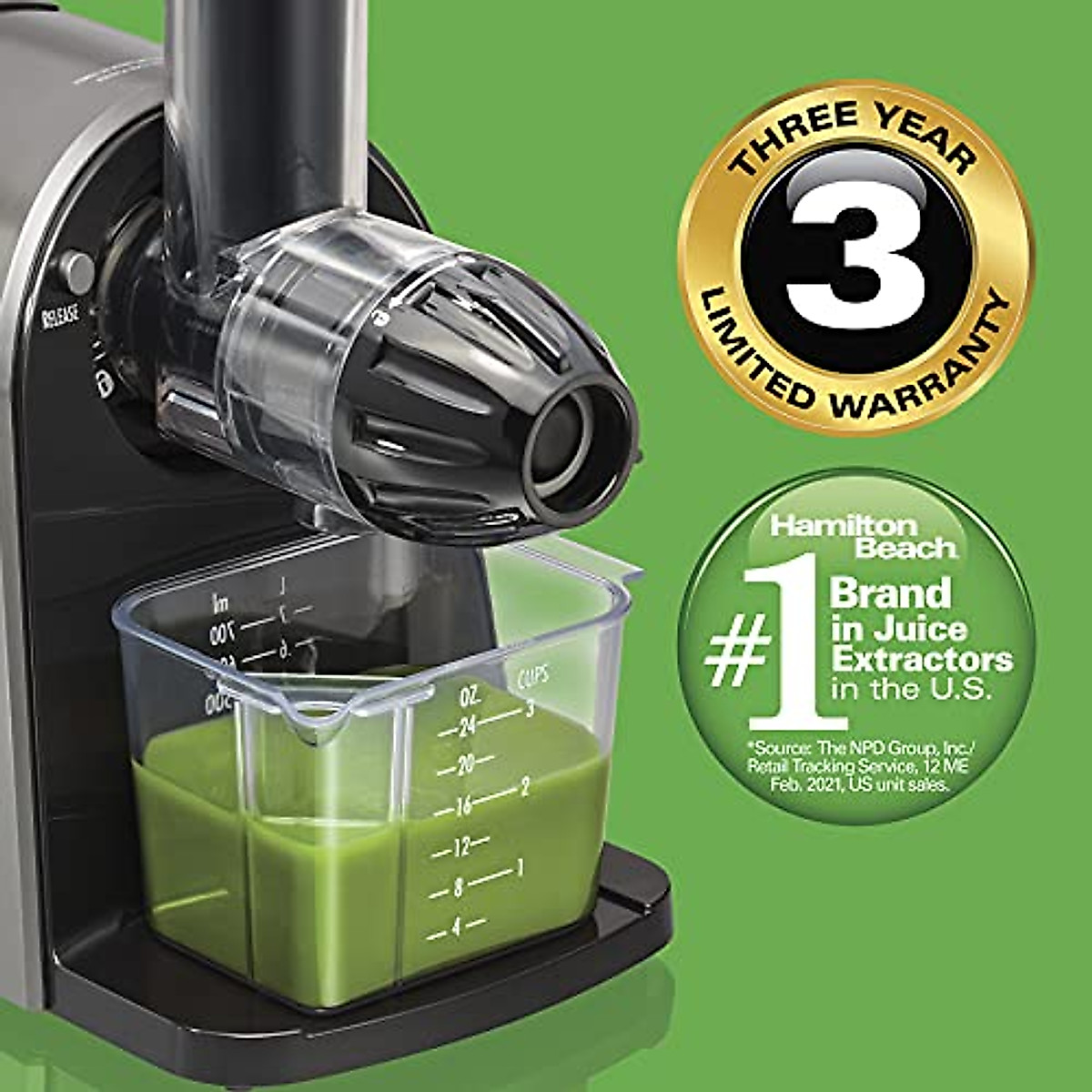 Hamilton Beach 67951 Cold Press Masticating Juicer Machine, Slow and Quiet Action, Juice Fruits & Vegetables, BPA Free, Easy Clean, 150 Watts, Silver