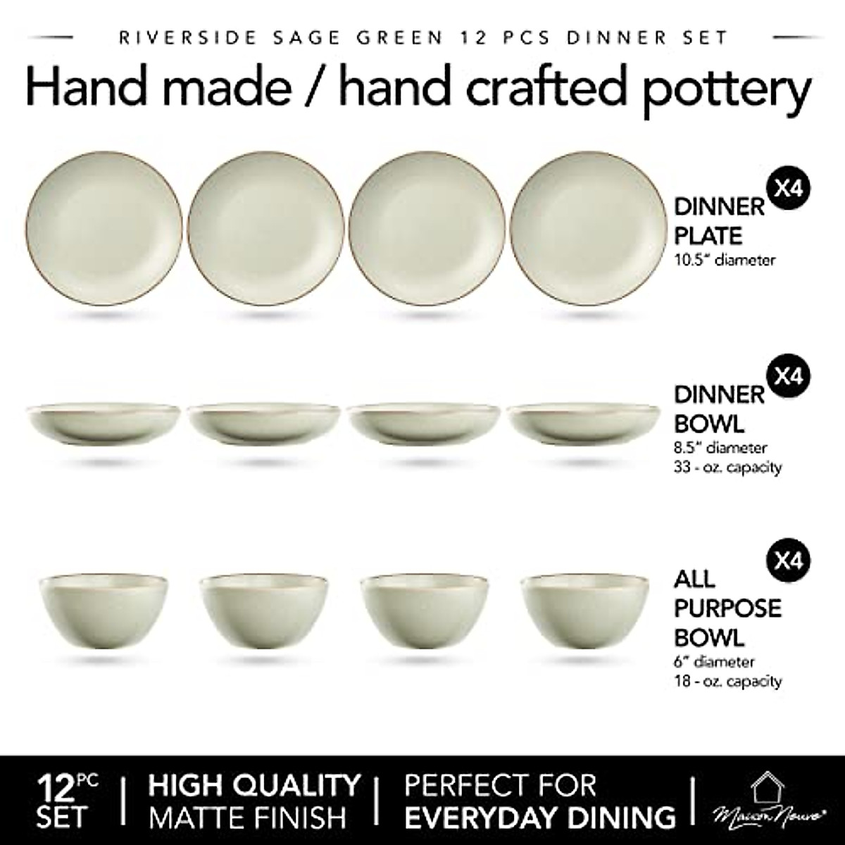 Riverside 12-Piece Dinnerware Set for 4 - Hand Crafted Plates and Bowls Dish Set, Ceramic Stoneware Dinner Set, Microwave & Dishwasher Safe Dishware - Sage Green