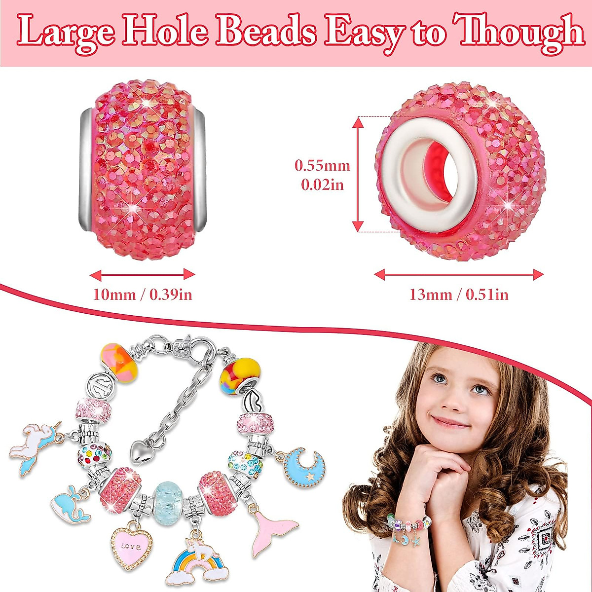 Cludoo Large Hole Glass Beads for Jewelry Making, 224PCS European Beads Bulk Mixed Color Spacer Beads with Rhinestones Lampwork Beads for DIY Craft Charms Bracelet Necklace Earring Making