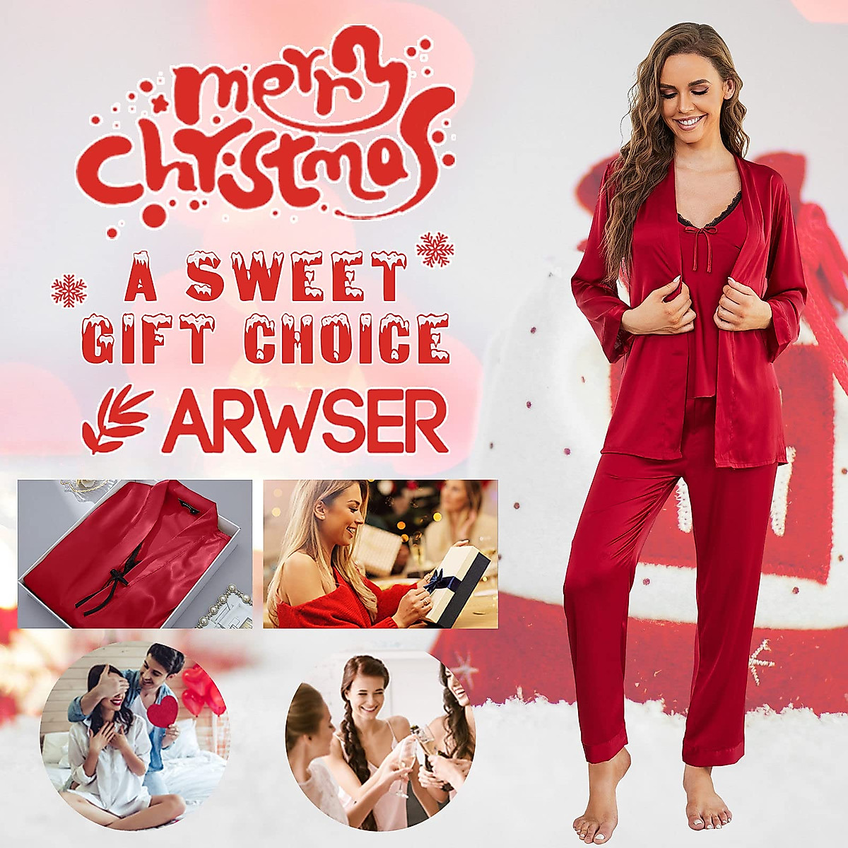 Arwser Women's Silk Satin Pajamas Set 4 Pcs Sleepwear Cami Top Pjs with Shorts and Robe Red