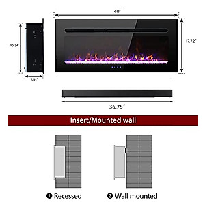 40 Inch Electric Fireplace Inserts, Low Noise Wall Mounted Fireplace Heater with Remote Control, 1-8 Hrs Timer, Touch Screen, Adjustable Flame Color and Speed for Living Room Bedroom