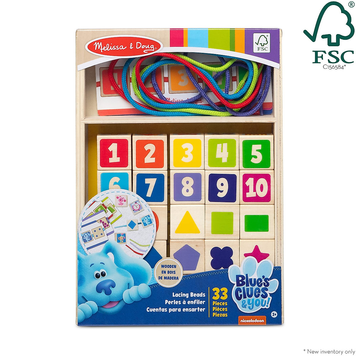 Melissa & Doug Blue’s Clues & You! Wooden Lacing Beads - 25 Beads, 4 Cords - FSC Certified