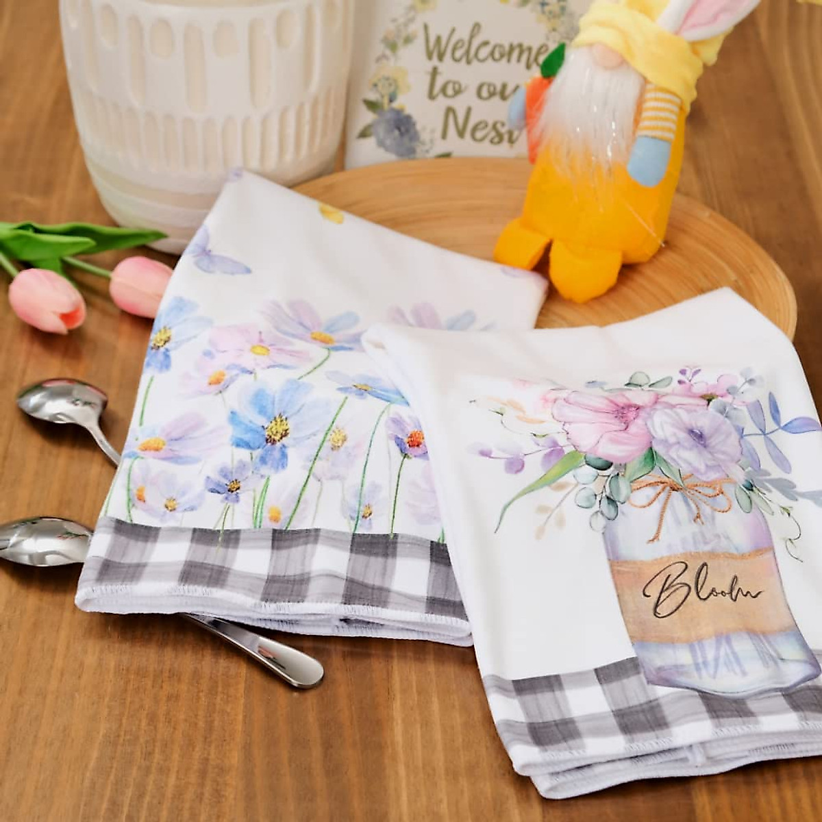 GEEORY Spring Kitchen Towels for Spring Decor Flower Vase Dish Towels 18x26 Inch Ultra Absorbent Bar Drying Cloth Bloom Sign Hand Towel for Kitchen Bathroom Party Home Decorations Set of 2