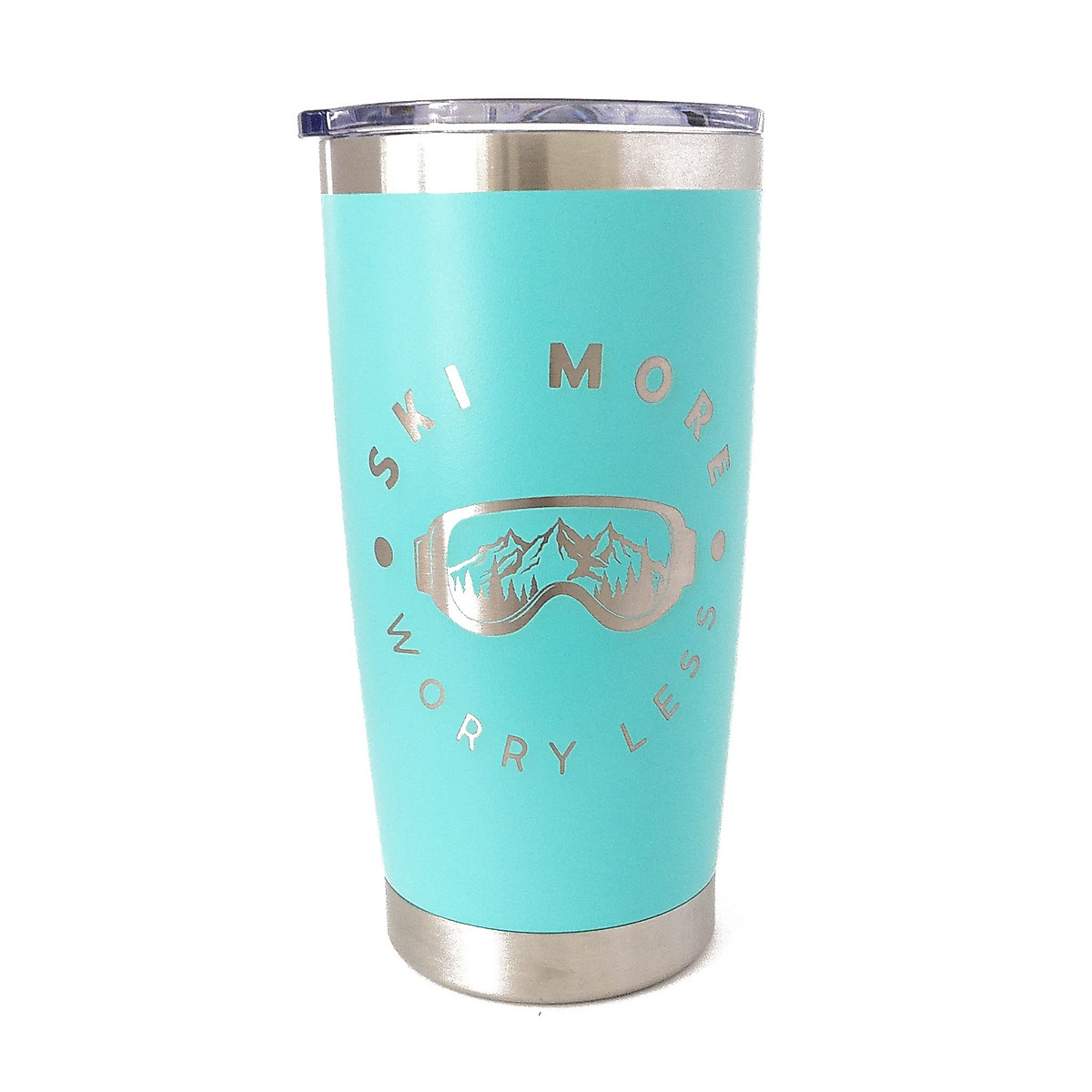 Ski More Worry Less 20oz Coffee Tumbler (Teal), Skiing Gifts for Women, To Go Travel Coffee Mug, Snow Ski Accessories Fun