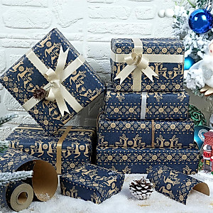 Christmas Wrapping Paper Roll, Navy Blue Kraft Wrapping Paper, 17 Inch x 49 Feet, Snowflake, Xmas Floral and Reindeer Design Gift Wrapping Paper for Xmas New Year Winter Holiday (69.4 sq.ft.ttl)