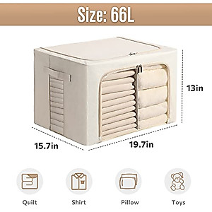 2Pack Storage Bins with Divided Interior - Frame Storage Box Oxford Fabric Clothes Storage Bags Large Capacity Stackable Foldable Container Organizer Set with Clear Window (Large-66L, Beige)