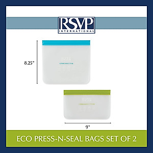 RSVP International Reusable Food Storage Collection ECO Seal Bags, Press-N-Seal, Blue/Green