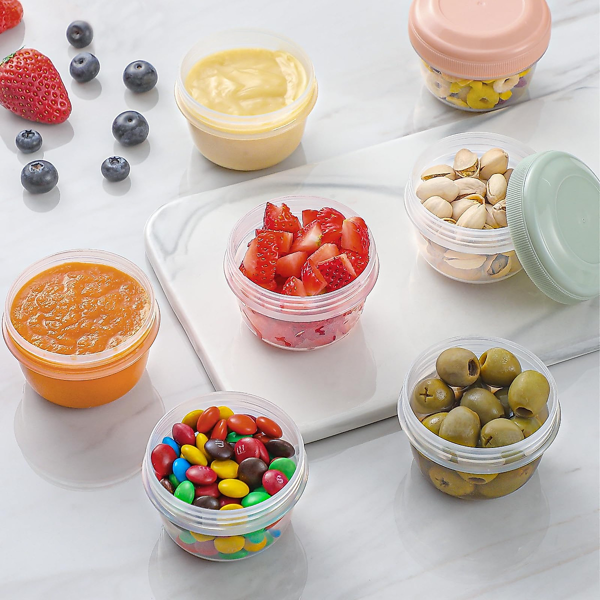 [16 Pack] 4 oz Small Containers with Lids, Reusable Plastic Containers for Snack and Puree, Salad Dressing Container to Go, Deli Containers, Freezer Baby Food Containers, Dishwasher Safe, BPA Free