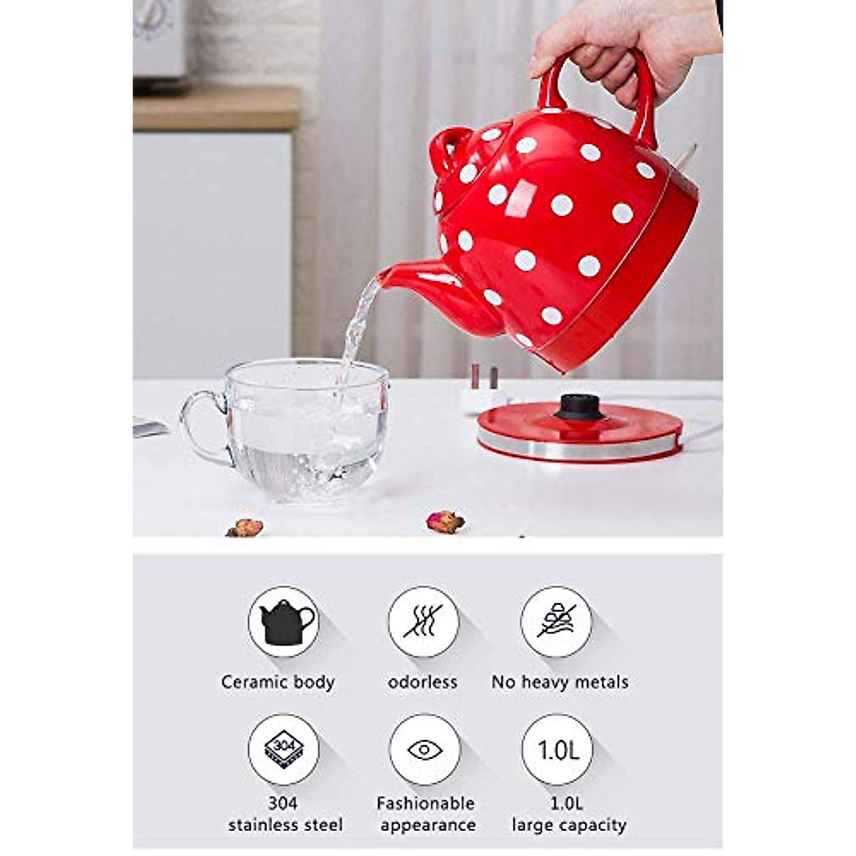 -Eleactric Ceramic Cordless Kettle Teapot-Retro 1.0L, 1000W Water Fast for Tea, Coffee, Soup, Oatmeal-Removable Base, Boil Dry Protection/Red/Blue