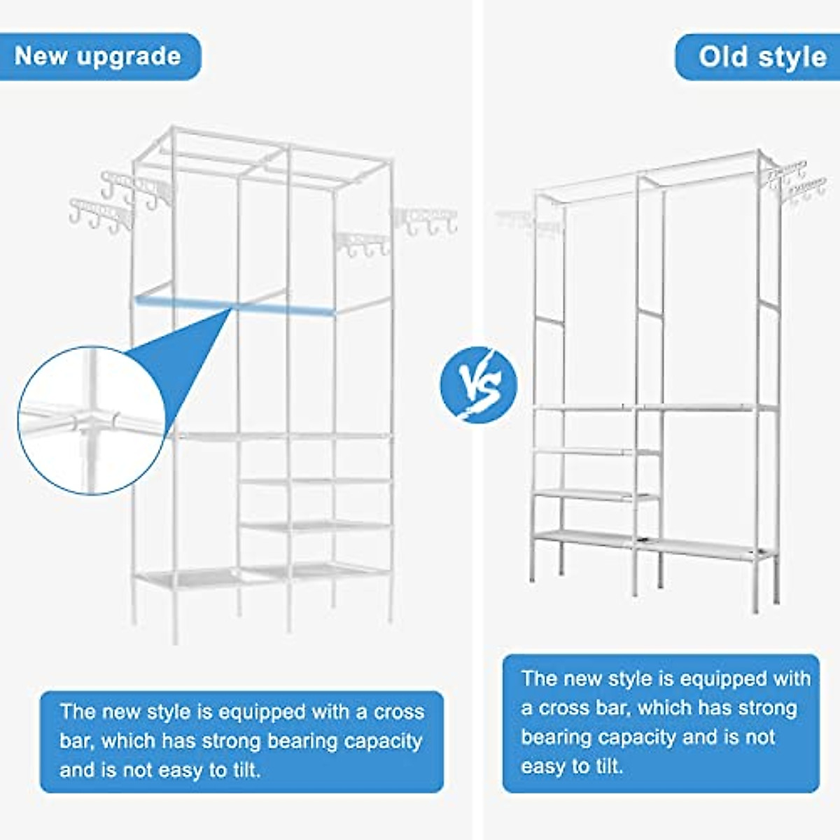 Sasoiky Garment Rack,Shoe Clothing Organizer Shelves,Freestanding Multifunctional Clothes Wardrobe- Closet with Hooks (White)