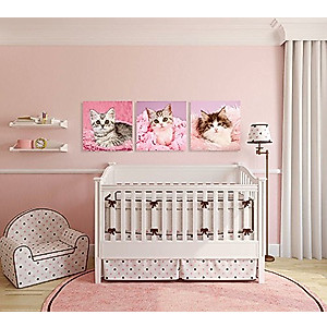Hello Lovely Kitty Modern Canvas Art Print Cute Pet Kitten Paintings Pink Cat Animal Picture on Canvas 3 Panels Giclee Artwork Daughter Birthday Gift for Kids Room Wall Decor (Framed 12x12inchx3pcs)