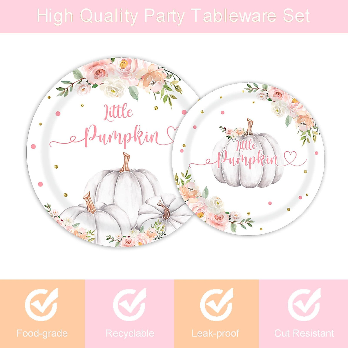 96PCS Pumpkin Baby Shower Party Tableware Set Floral Pink and Gold Girl Little Pumpkin baby Shower Party Supplies Disposable Dinnerware Plates Napkins Forks Serves 24 Guests