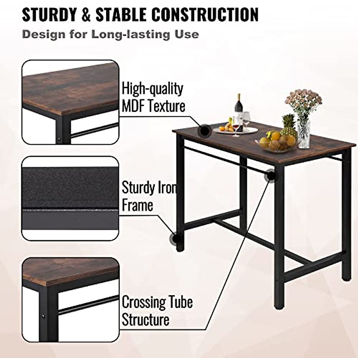 VEVOR Bar Table and Chairs Set 47" Pub Table Set with 4 Bar Stools Kitchen Dining Table and Chairs Set for 4 Iron Frame Counter Height Dining Sets for Home, Kitchen, Living Room