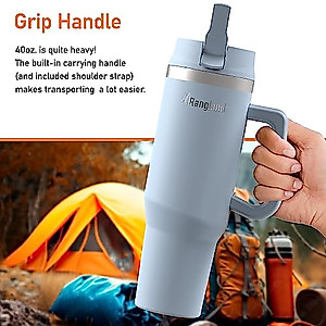RANGLAND 40 oz Tumbler Cup with Handle and Carrier Bag, 24-Hour Insulated Water Bottle with Straw Lid, Neoprene Carrying Sleeve and Hand Strap (Feather Blue)