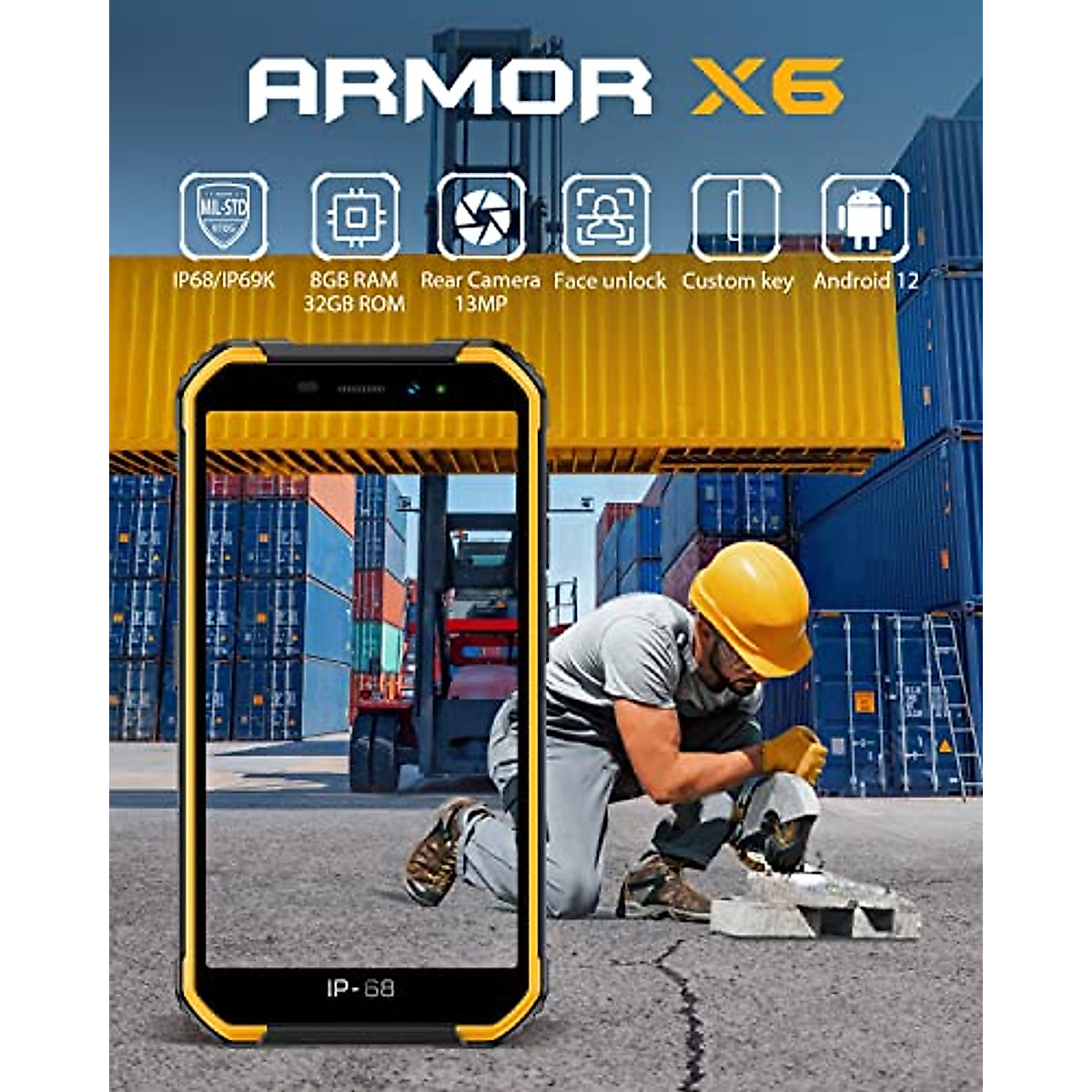 Ulefone Rugged Phones Unlocked, Armor X6 Pro IP68/69K Dustproof Waterproof Smartphone, 8GB+32GB, Android 12, 5.0 inches, 13MP + 5MP, NFC, Custom Key, Gloves Mode, Face Unlock, US Version (Black)