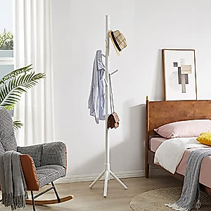 YMYNY Wooden Coat Rack Stand, Free Standing Hall Tree with 8 Hooks Super Easy Assembly, Adjustable Sizes Entryway Coat Rack for Hat, Clothes, Purse, Scarves, Handbags, White, HD-UHRF-1194