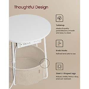 VASAGLE Side Table with Charging Station, Round End Table With Fabric Basket, Nightstand with Power Outlets USB Ports, for Living Room, Bedroom, Modern, Matte White and Camel Brown ULET228W01