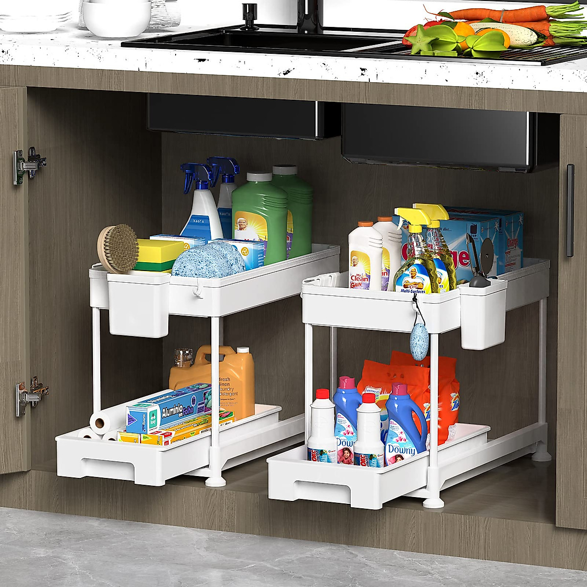 SPACELEAD Under Sink Organizers and Storage, Under Sliding Cabinet Basket Organizer, 2 Tier Under Sink Storage for Bathroom Kitchen with Hooks, Hanging Cup, The Bottom Can Be Pulled Out White