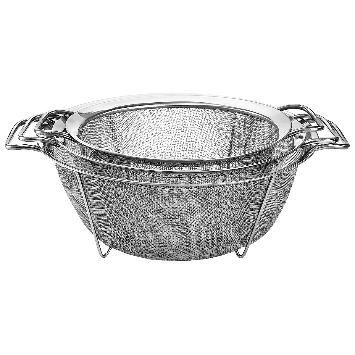 Dicunoy Set of 3 Strainers and Colanders, Stainless Steel Mesh Strainer Basket with Handle, Stackable Mesh Footed Colander for Rinse Food, Fruit, Vegetable, Strain, Drain (2.5/3/5 Quart)