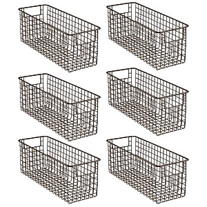 mDesign Household Metal Wire Narow Storage Organizer Bin Basket Holder with Handles - for Closets, Entryways, Mudrooms, Kitchen Pantry, Under Sink Cabinets, Bathrooms - 16" x 5" x 6" - 6 Pack - Bronze