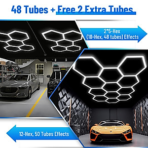 Hexagon Garage Light Fixture 50 Packs: 52800LM 480W Super Bright Honeycomb Hexagon Led Garage Lights, 5000K Natural White, 2 * 5 Grid Systems for Garage Basement Warehouse Gym Car Detailing Shop etc