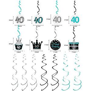 40th Birthday Decorations for Women Teal Silver Black 40th Birthday Hanging Swirls Hanging Swirls Decorations for Teal Silver 40 Years Old Party Supplies
