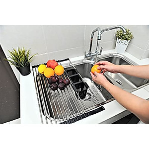 Cooktensil Roll Up Dish Drying Rack Stainless Steel Telescopic Over The Sink Drainer Extendable up to 22.8 inches (with Rectangle Basket)